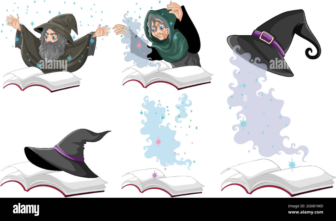 Set of witch or wizard magic hat on the book isolated on white ...