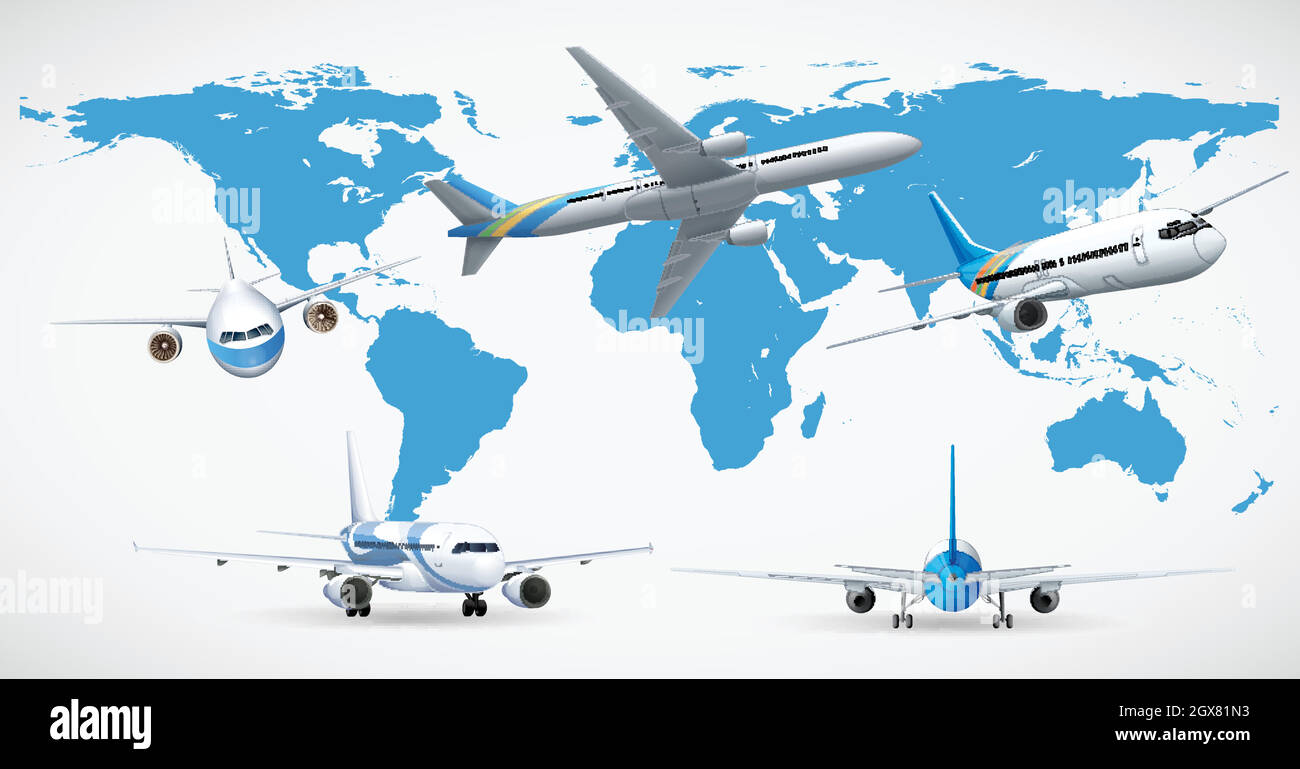 Five airplanes and blue map Stock Vector Image & Art - Alamy