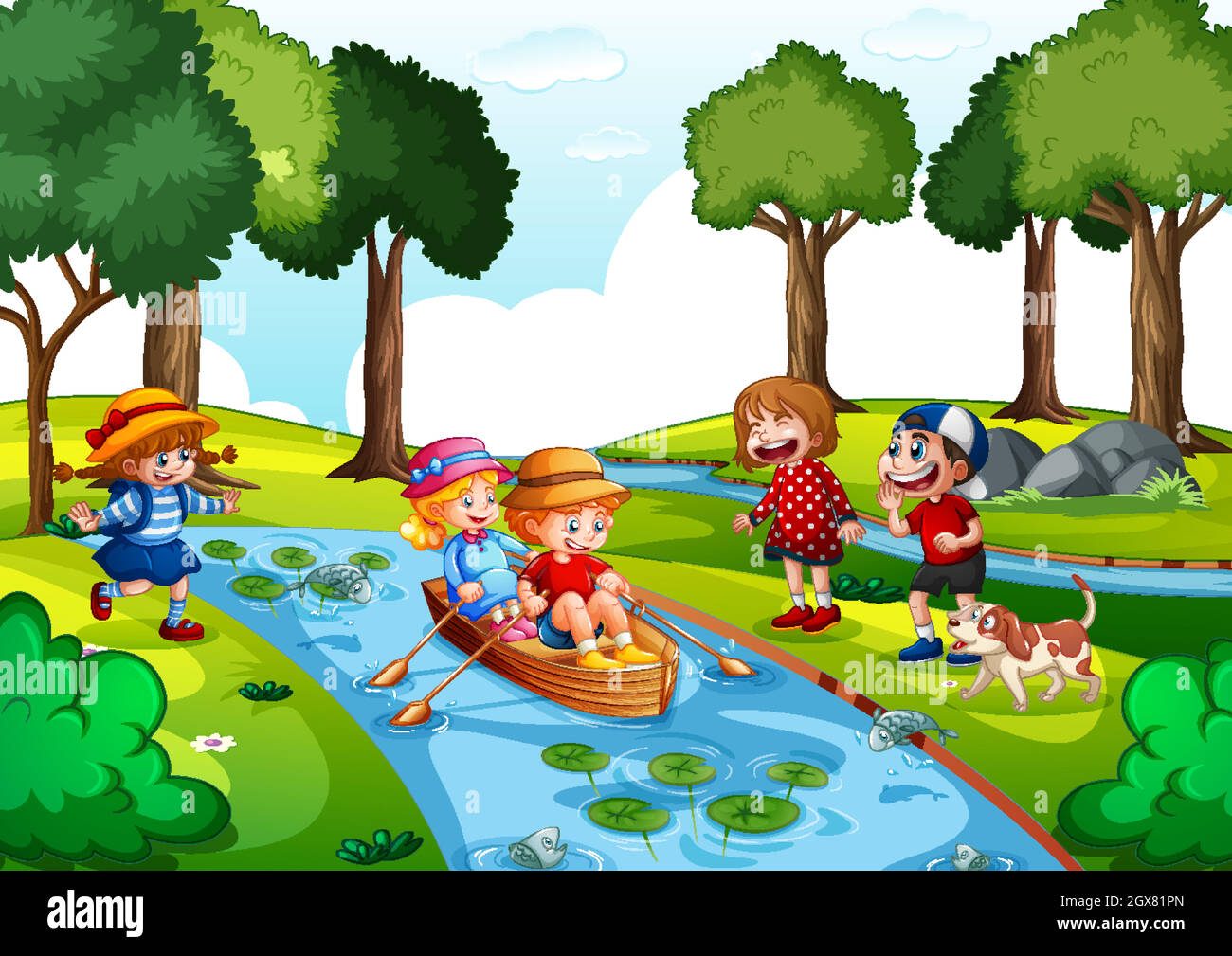 Two kids row the boat at water fall with their friends on white ...