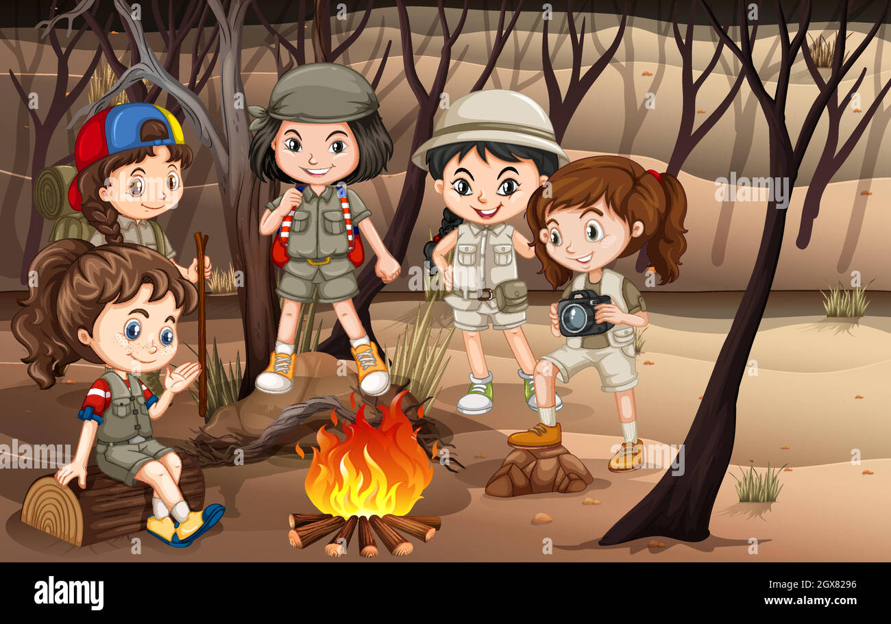 Children circle around the campfire in the woods Stock Vector Image ...