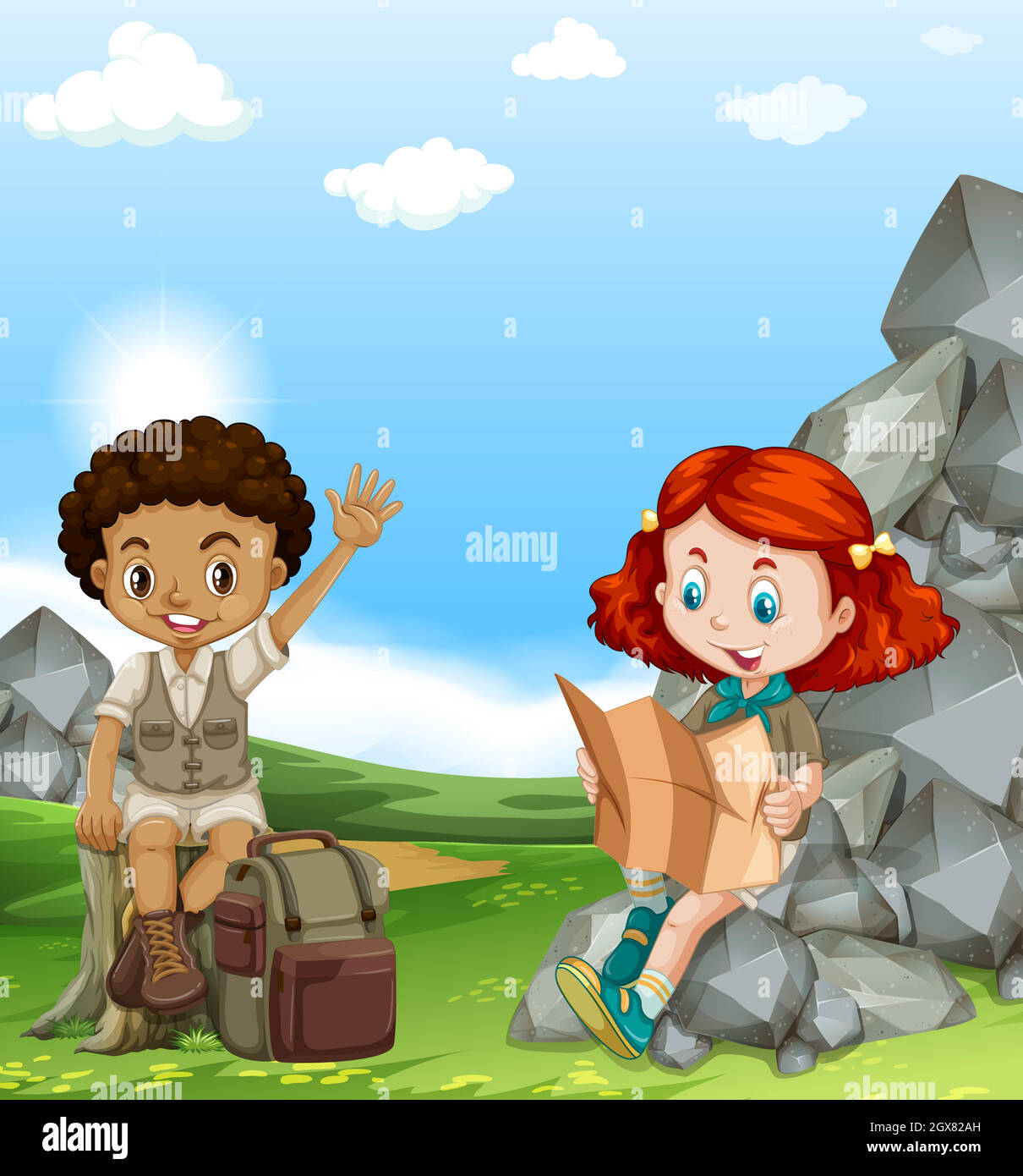 Boy and girl camping out in the field Stock Vector Image & Art - Alamy