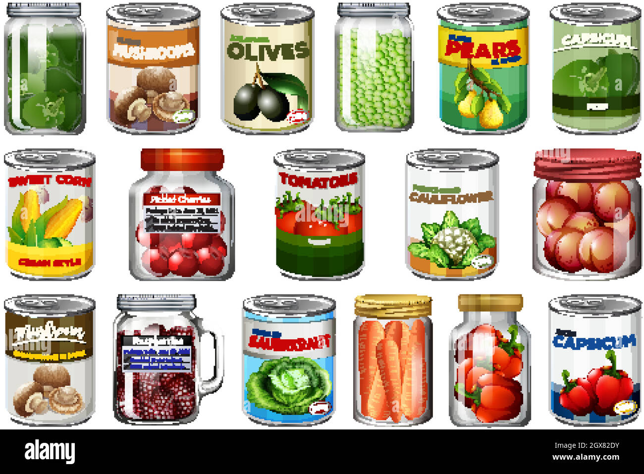 Set of different canned food and food in jars isolated Stock Vector ...