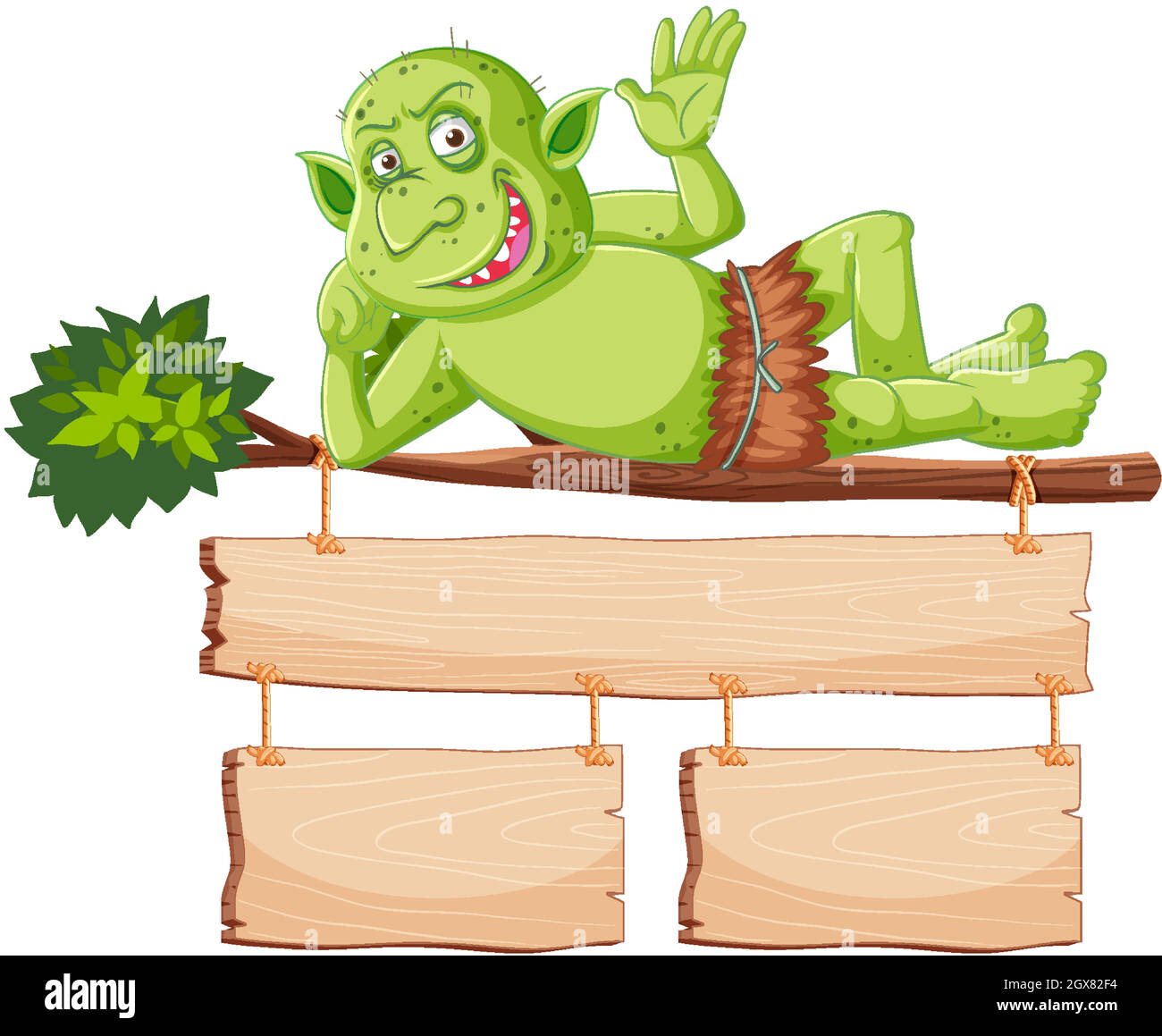 Green goblin or troll smile while lying down tree with blank banner in ...