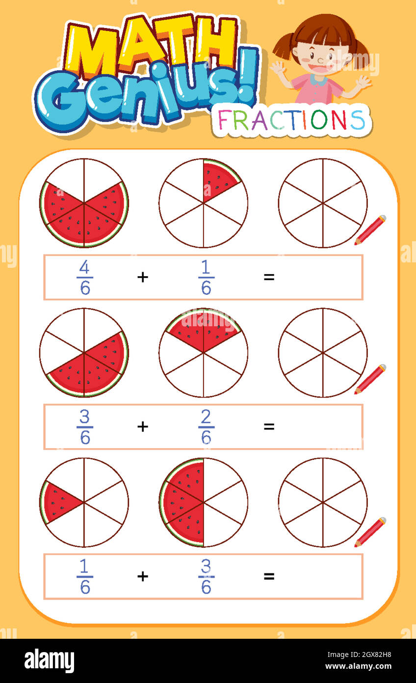 Worksheet design for math genius girl and fractions chart Stock Vector ...