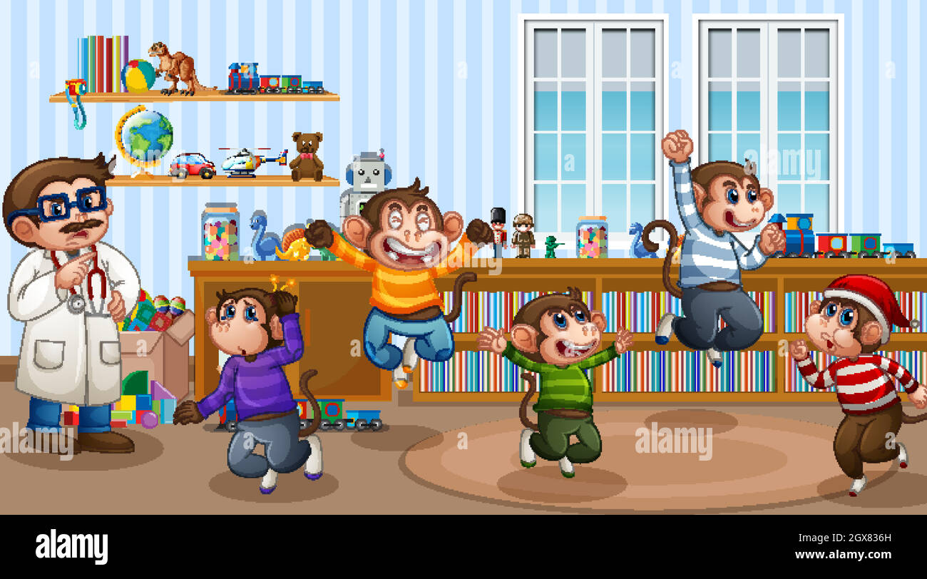 Five little monkeys jumping in the room scene with a doctor Stock ...