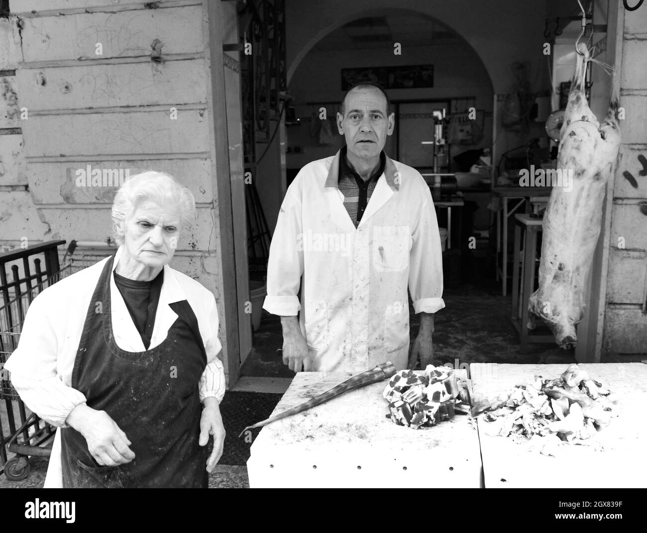 Butcher shop black and white hi-res stock photography and images - Alamy