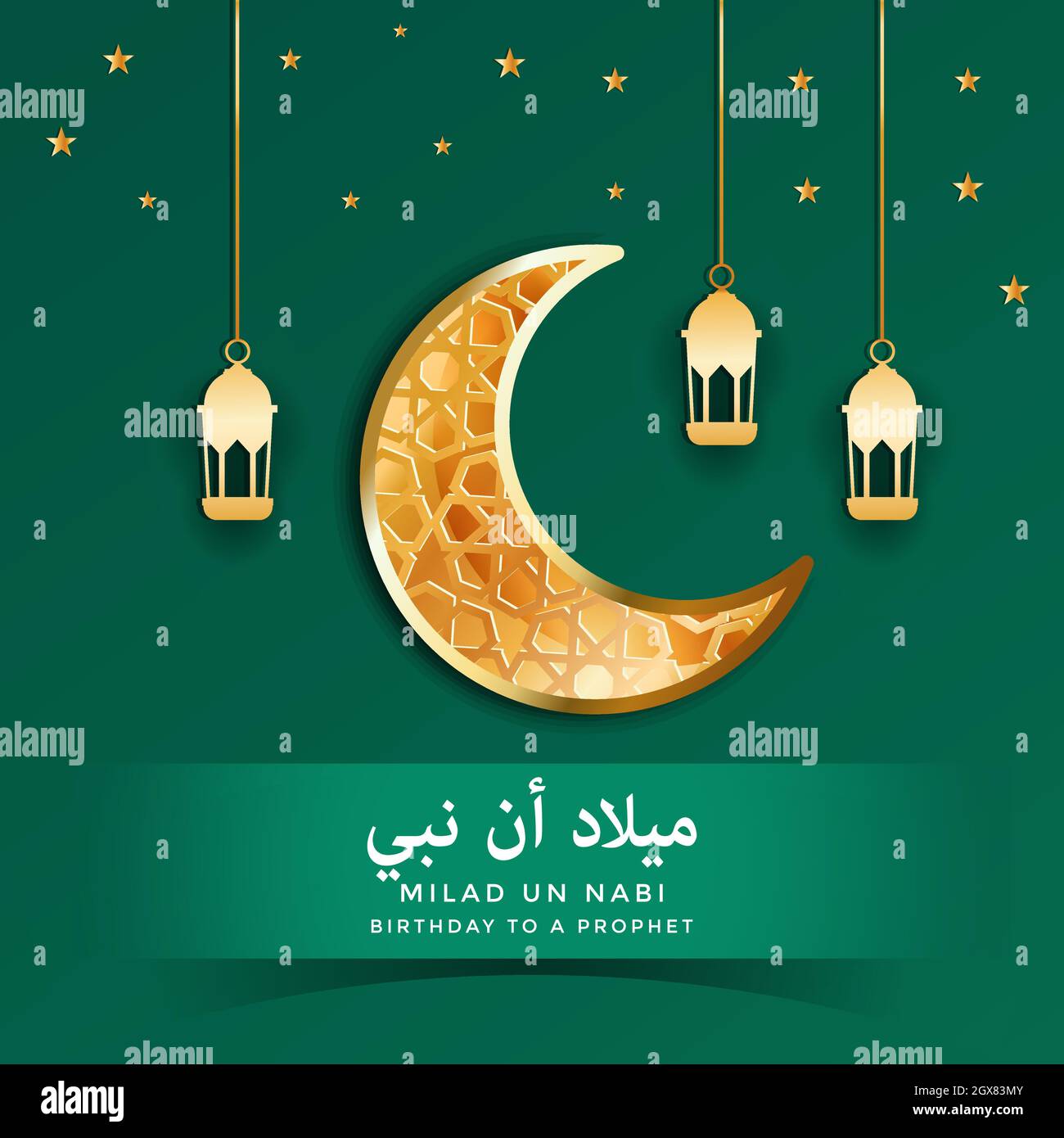 milad un nabi greeting with golden moon, stars and decorative lamps ...