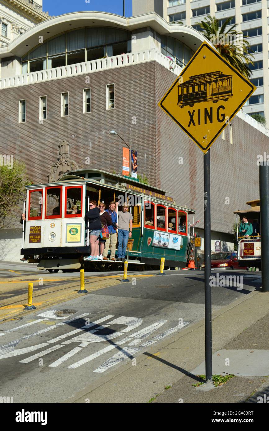 Cable Car Crossing Road Sign on Powell Street at California Street in ...