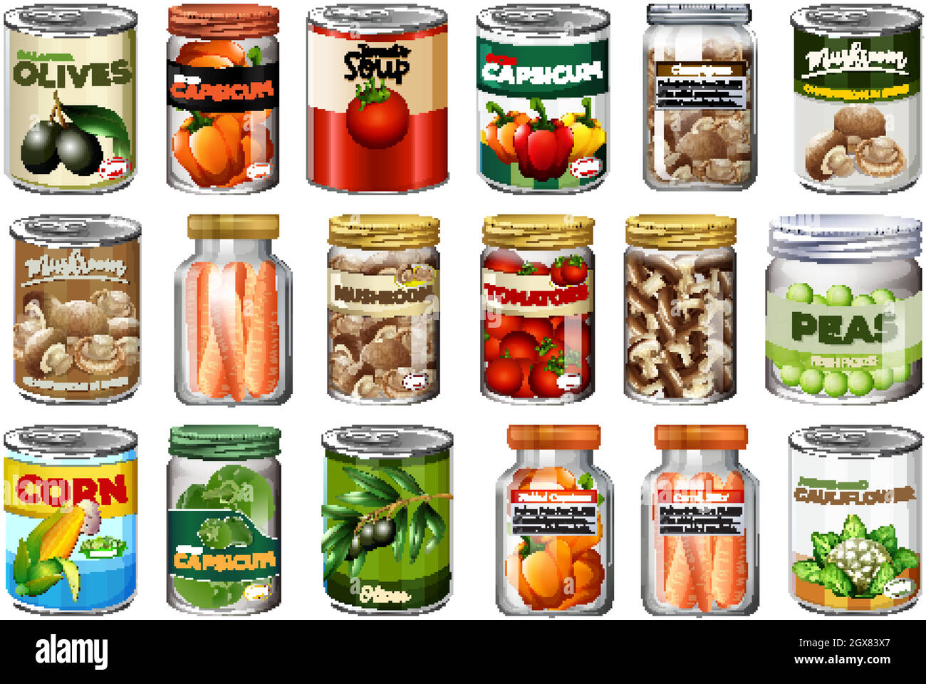 Set of different canned food and food in jars isolated Stock Vector ...