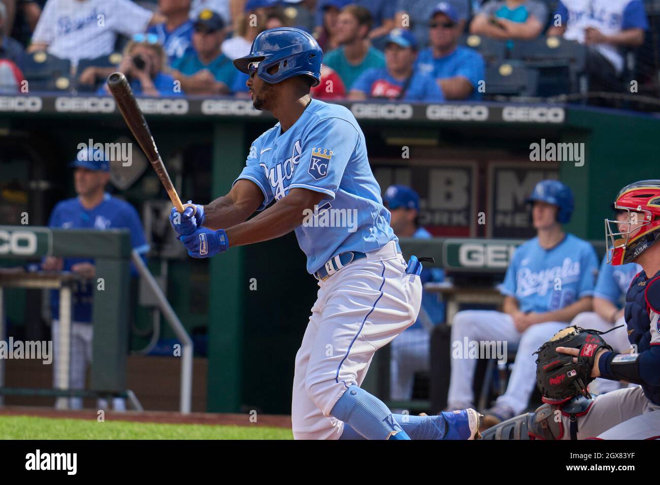 October 3 2021: Kansas City center fielder Michael A. Taylor (2) gets a ...