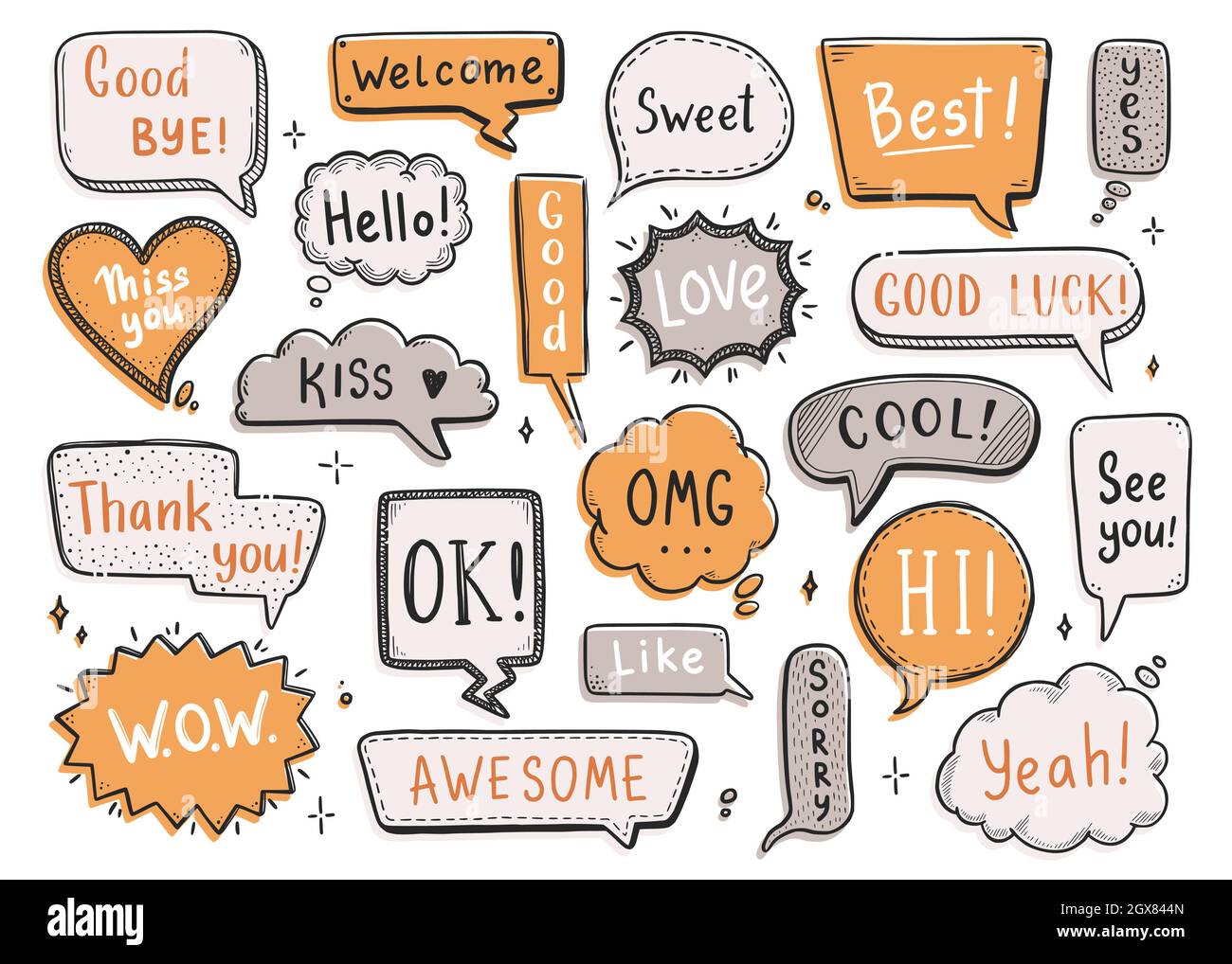 Comic speech bubble set with dialog word hi, ok, bye, welcome. Hand ...