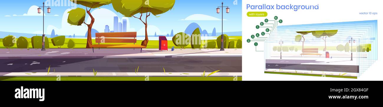 City park with wooden bench, lanterns, green trees and grass. Vector ...