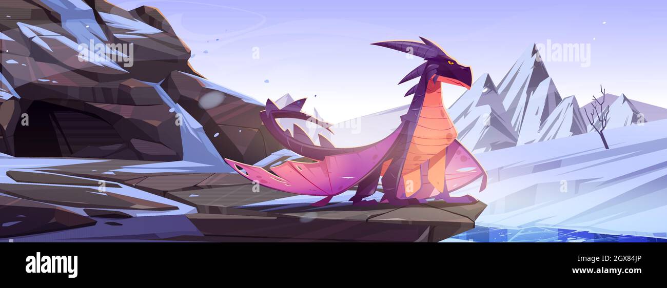 Winter dragon sitting on rock at snowy mountains landscape. Cartoon ...