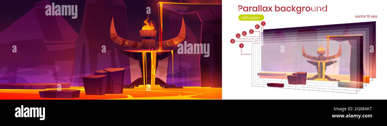 Fantasy landscape with ancient stone altar with devil horns and liquid ...