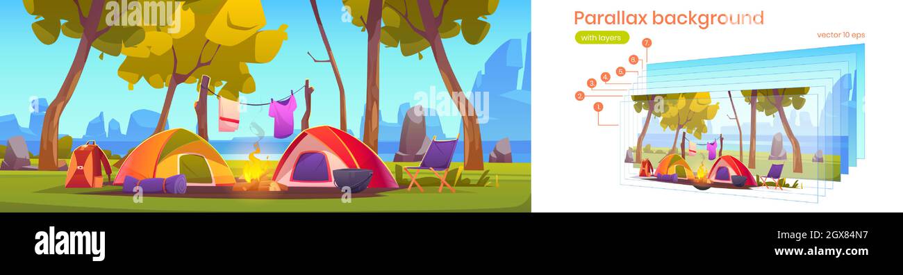 Summer camp with tents, chair and campfire on river shore. Vector ...