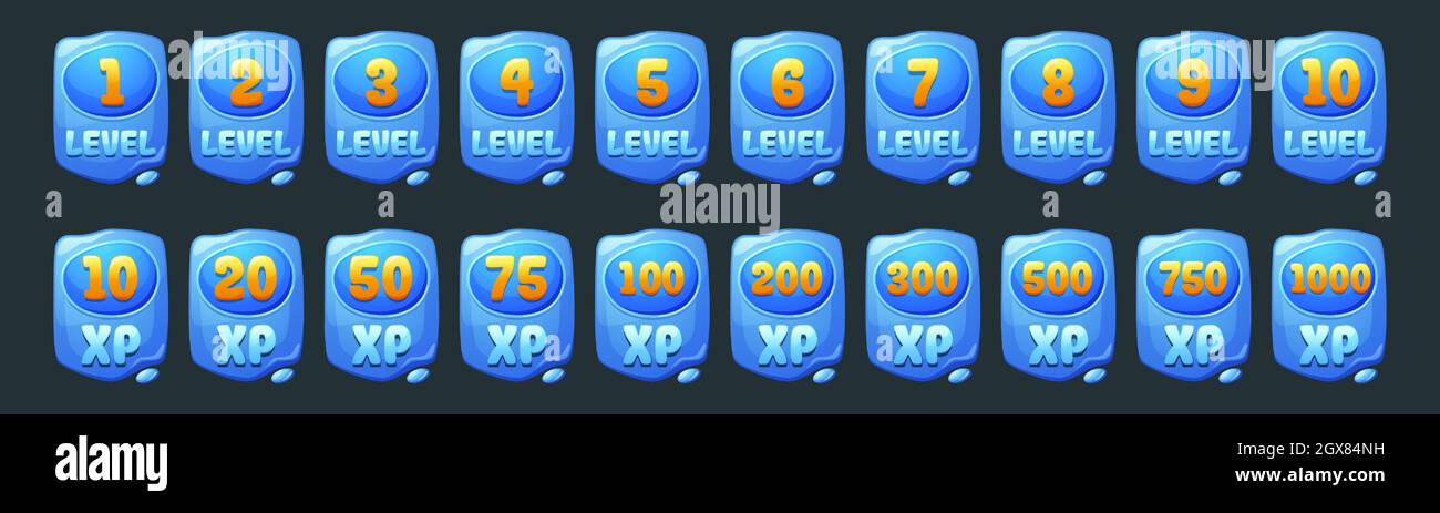 Set of water game level ui icons, blue banners with xp rate and liquid ...