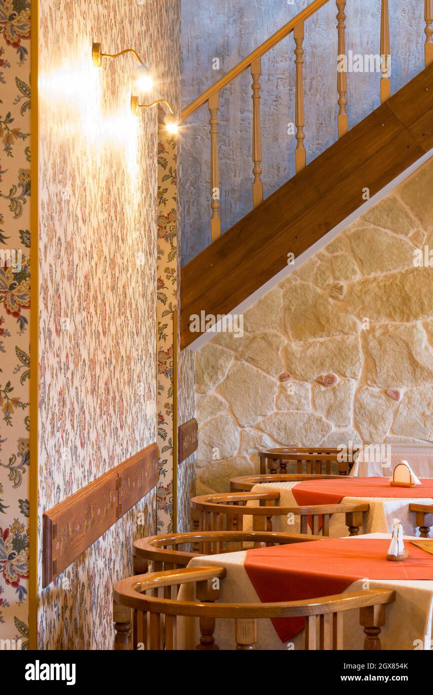 empty restaurant interior. classic design with wooden furniture Stock ...