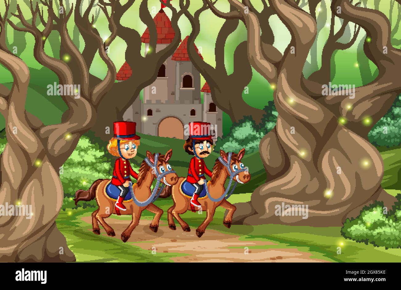 Fairytale scene with castle and soldier royal guard in the forest scene ...