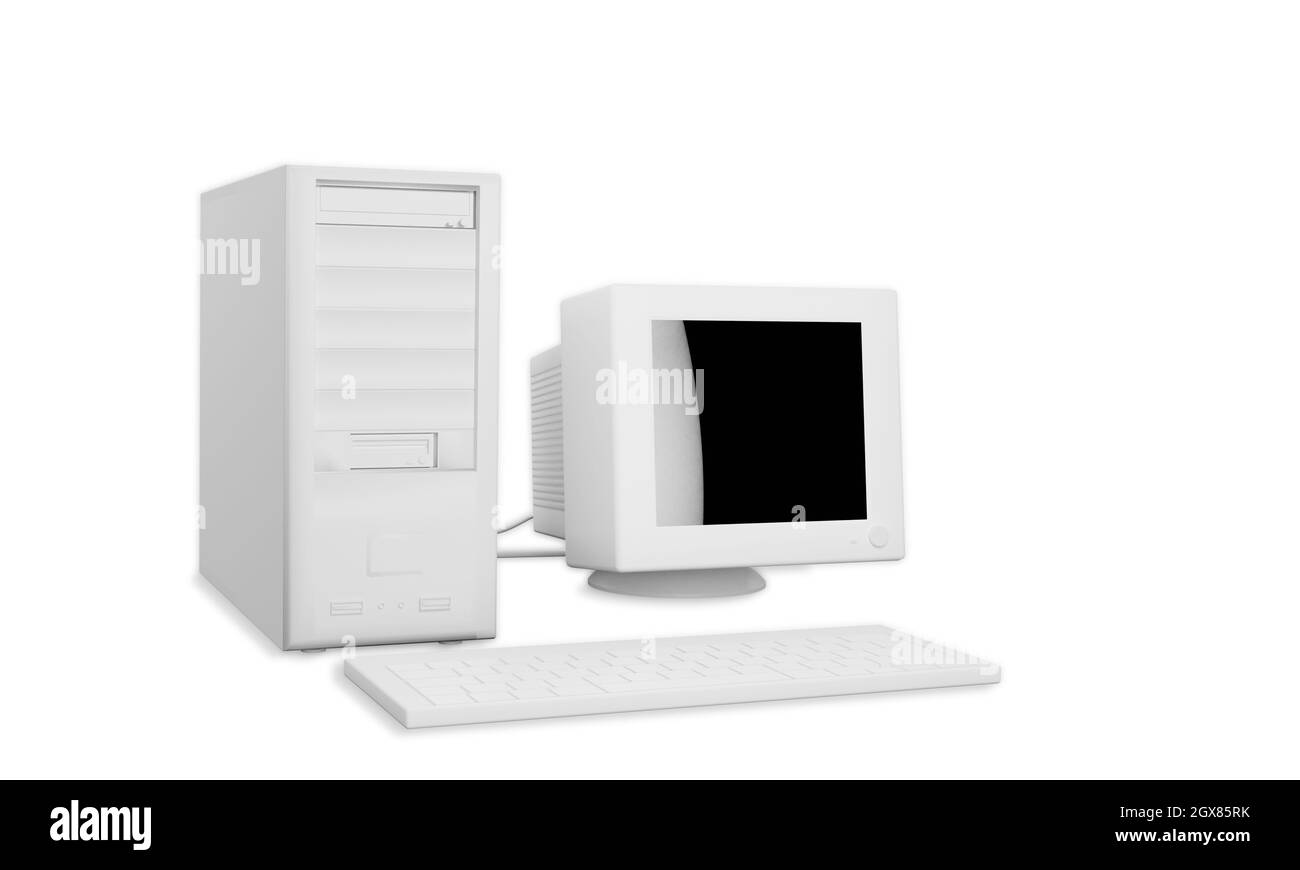 3D rendering old white computer standard workstation, crt white screen ...