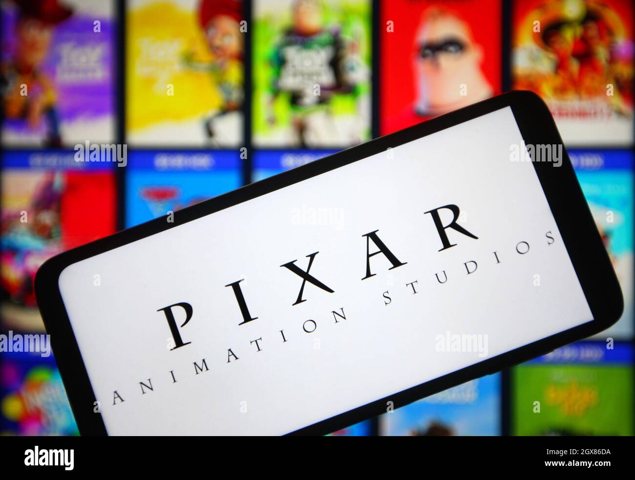 In this photo illustration a Pixar Animation Studios logo is seen on a ...