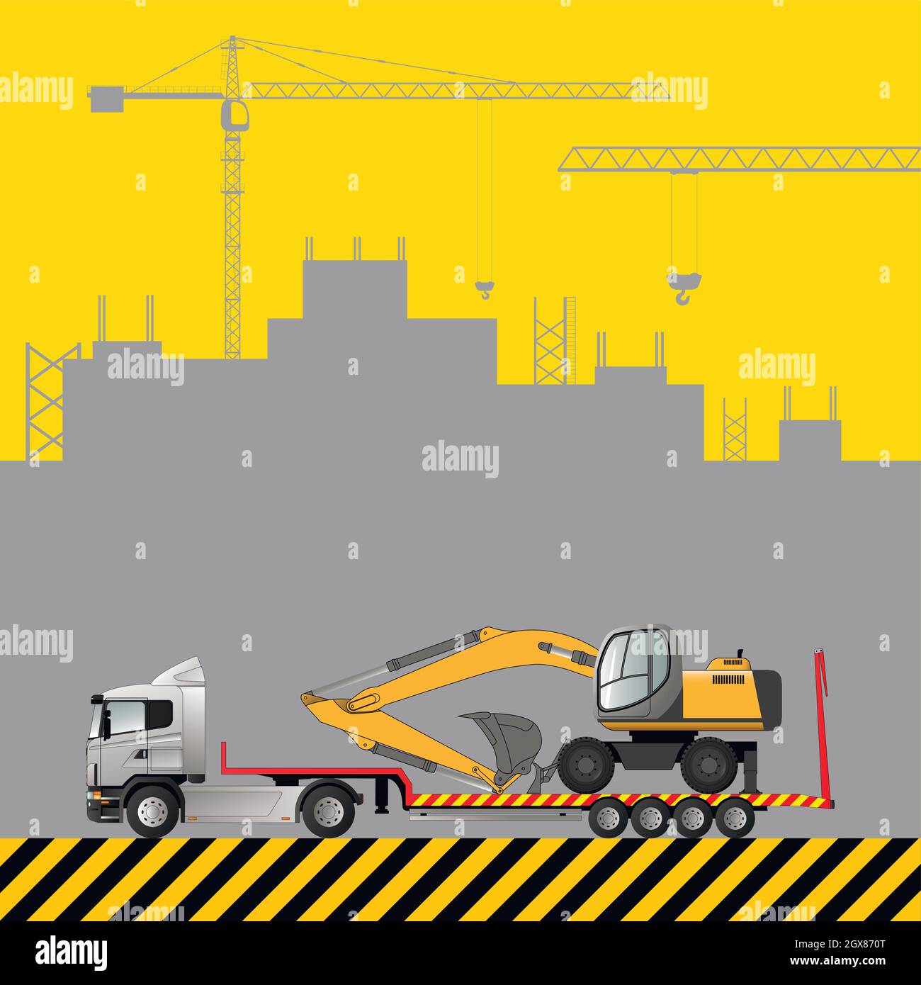 Transportation of the excavator on a low loader. Construction machinery ...