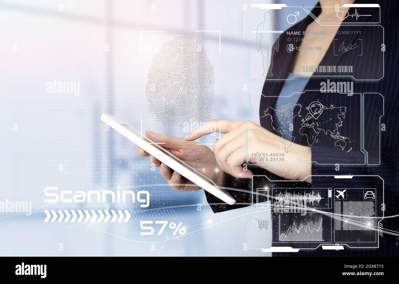 Fingerprint scanning of biometric identity and approval. Hand touch ...