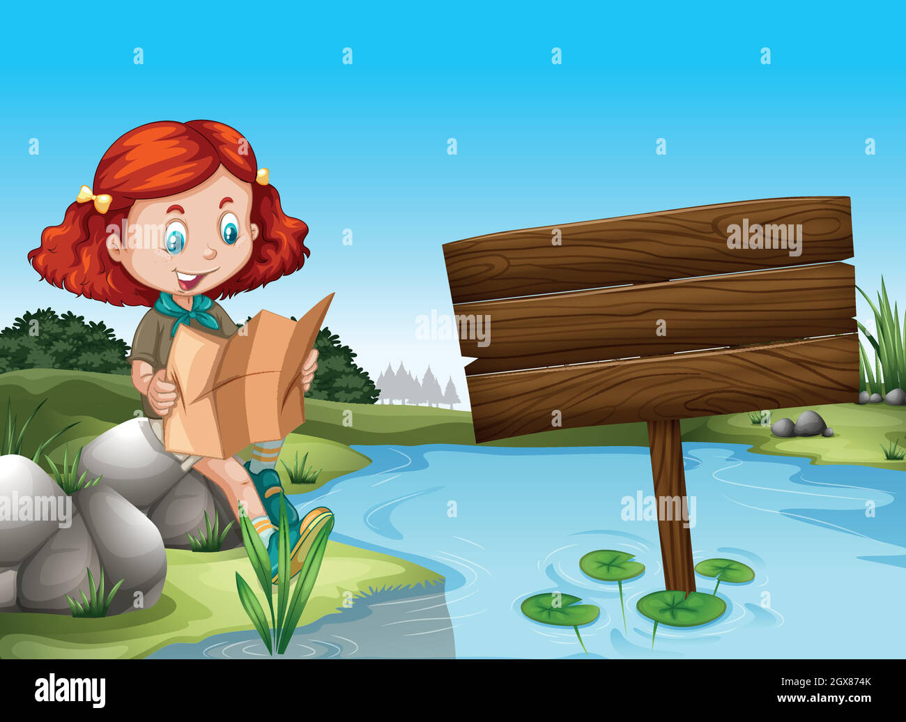 Girl reading map by the river Stock Vector Image & Art - Alamy