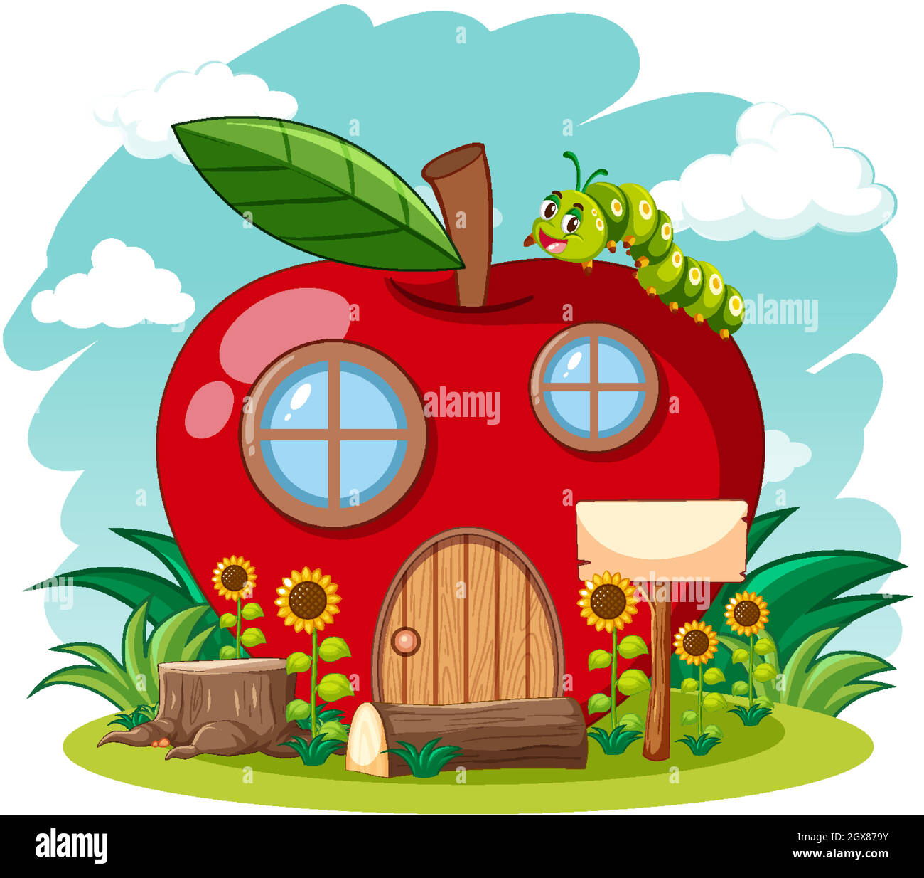 Red apple house and cute worm in the garden cartoon style on sky ...