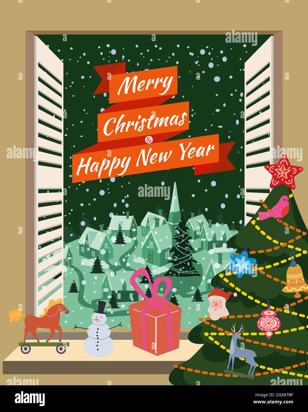 Merry Christmas window living room, interior holiday. House room ...