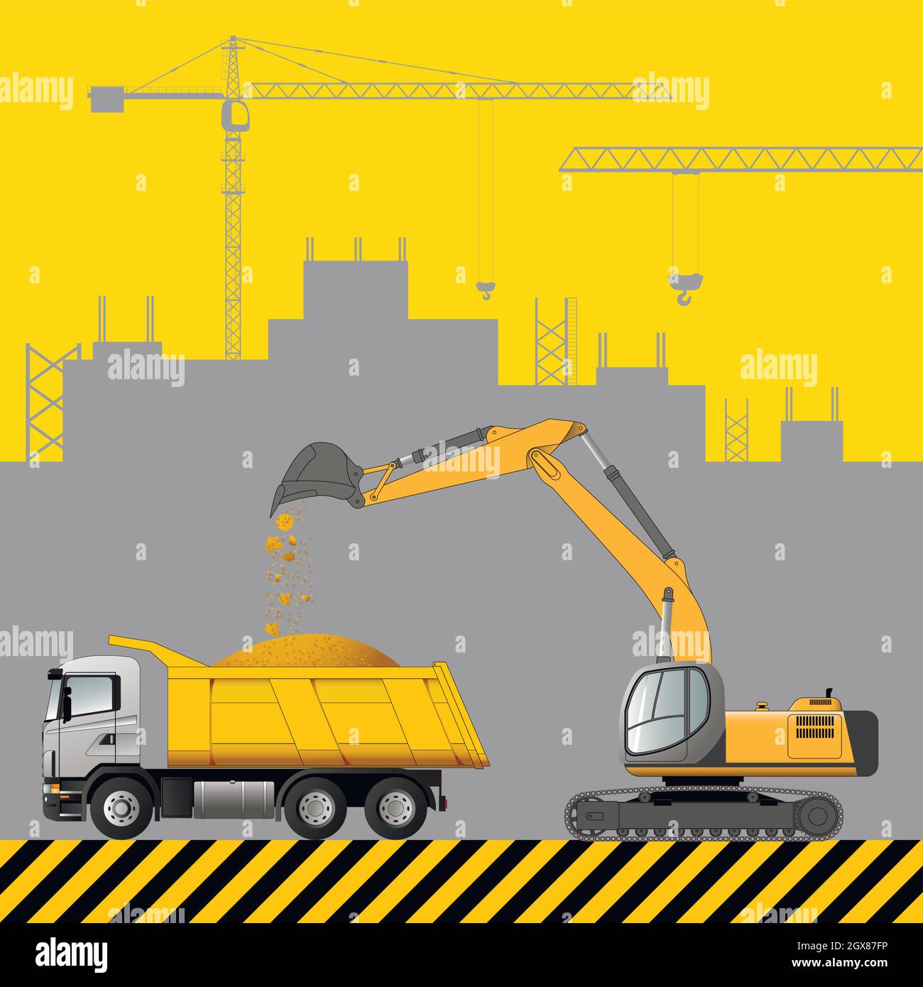 Loading soil onto a truck. Construction machinery on the background of ...