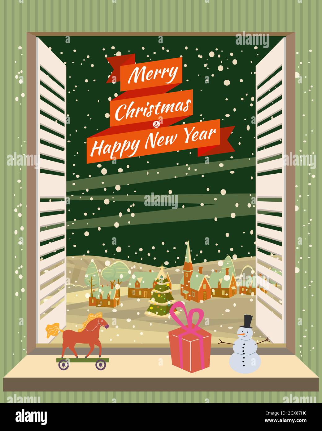 Merry Christmas window living room, interior holiday. House room ...