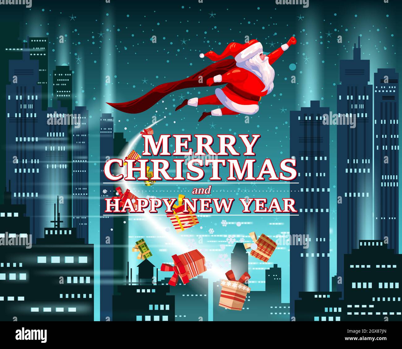 Santa Claus funny as Superhero wearing cape flying over the night ...