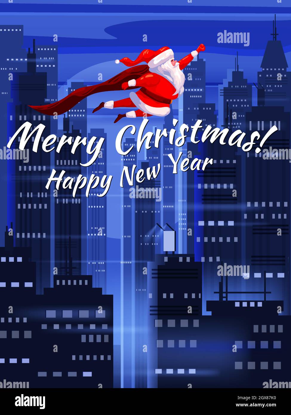 Santa Claus funny as Superhero wearing cape flying over the night ...