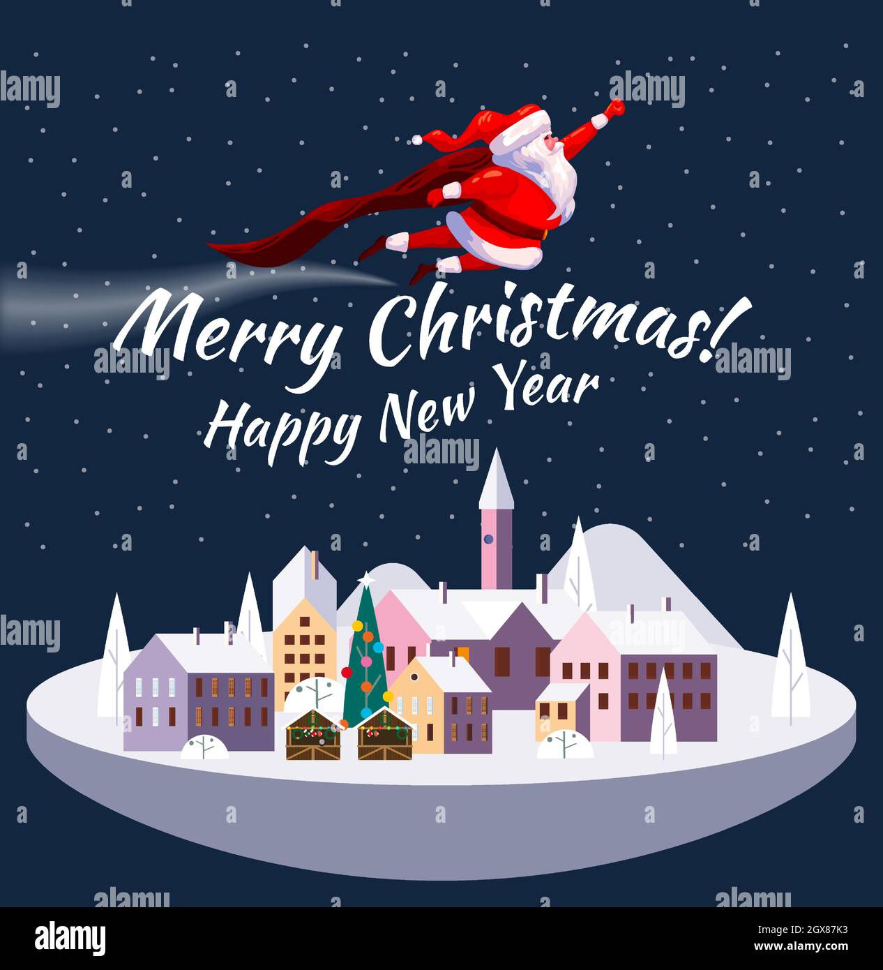 Santa Claus funny as Superhero wearing cape flying over the night city ...