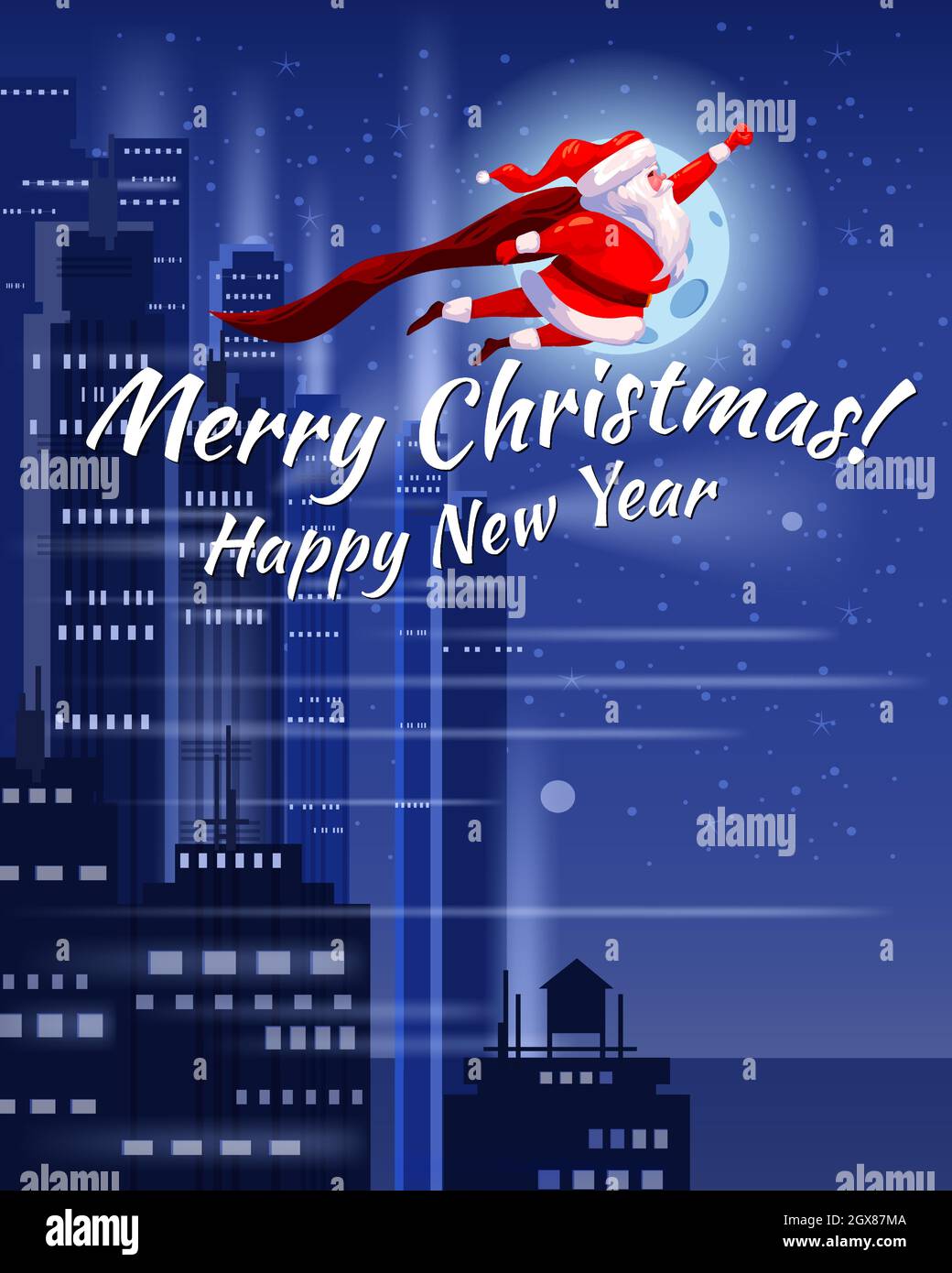 Santa Claus funny as Superhero wearing cape flying over the night ...