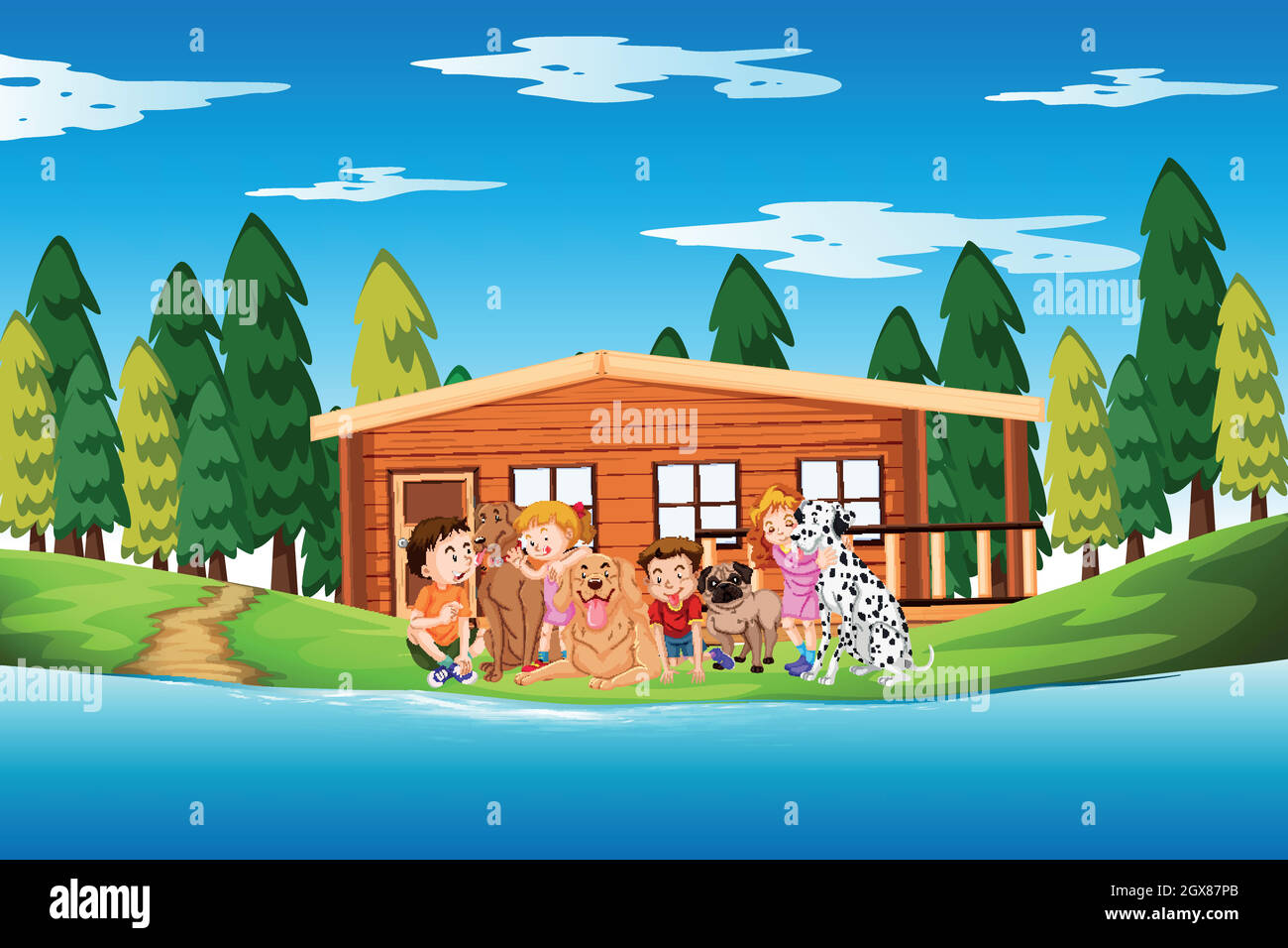 Children and dogs lake scene Stock Vector Image & Art - Alamy