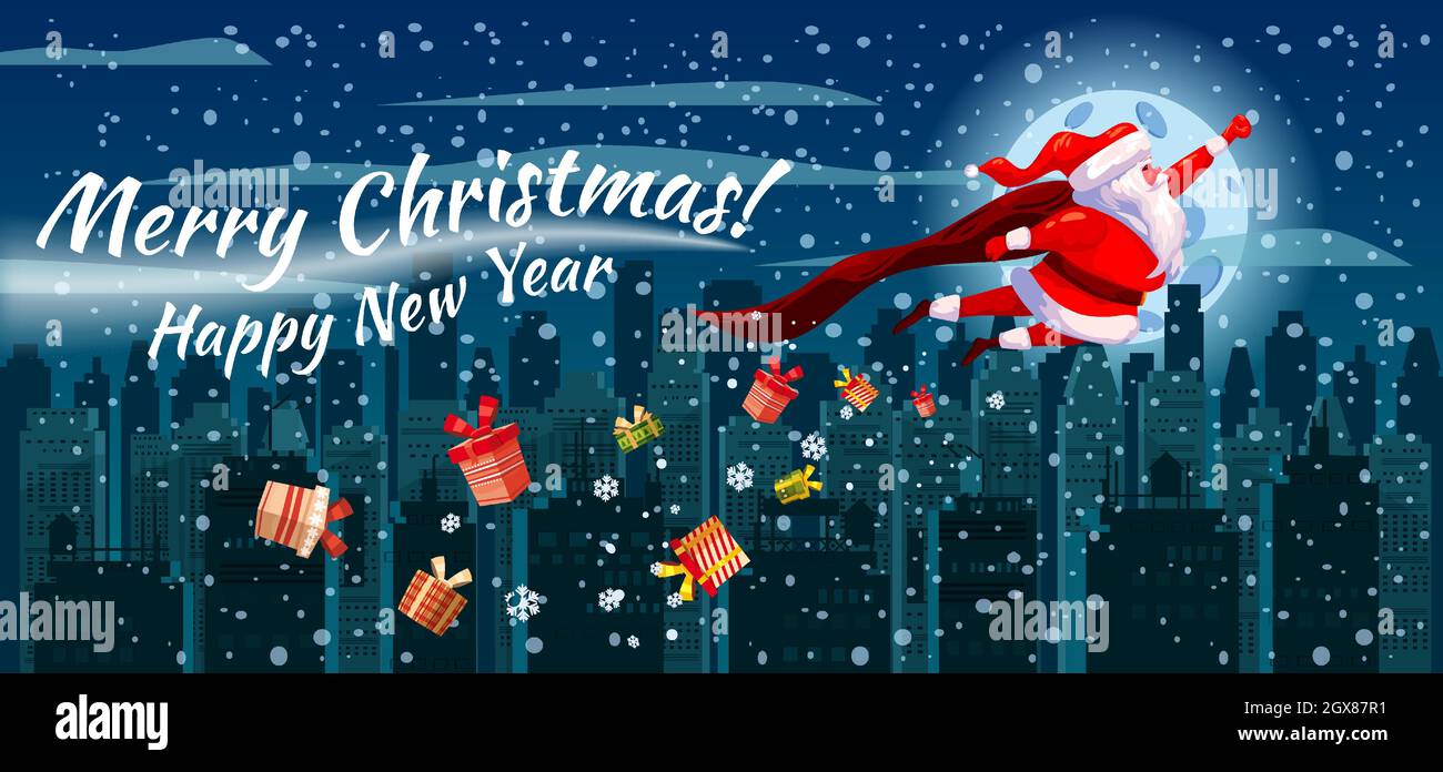 Santa Claus funny as Superhero wearing cape flying over the night ...