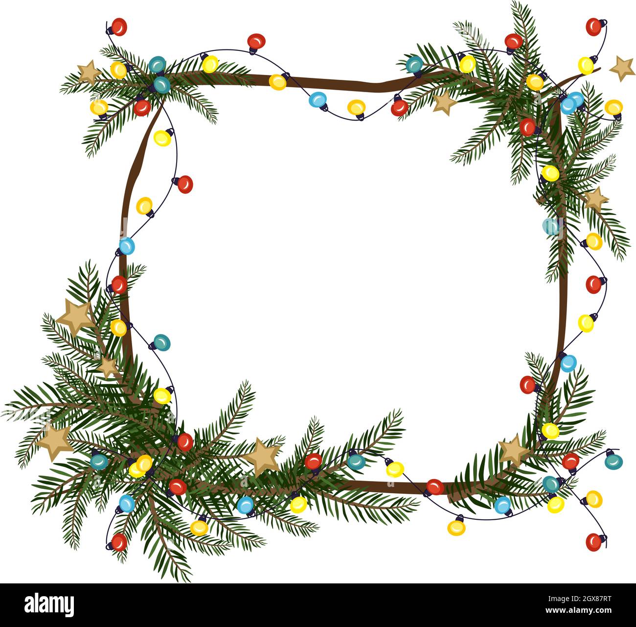 Christmas square frame made of fir branches with garland of colourful ...