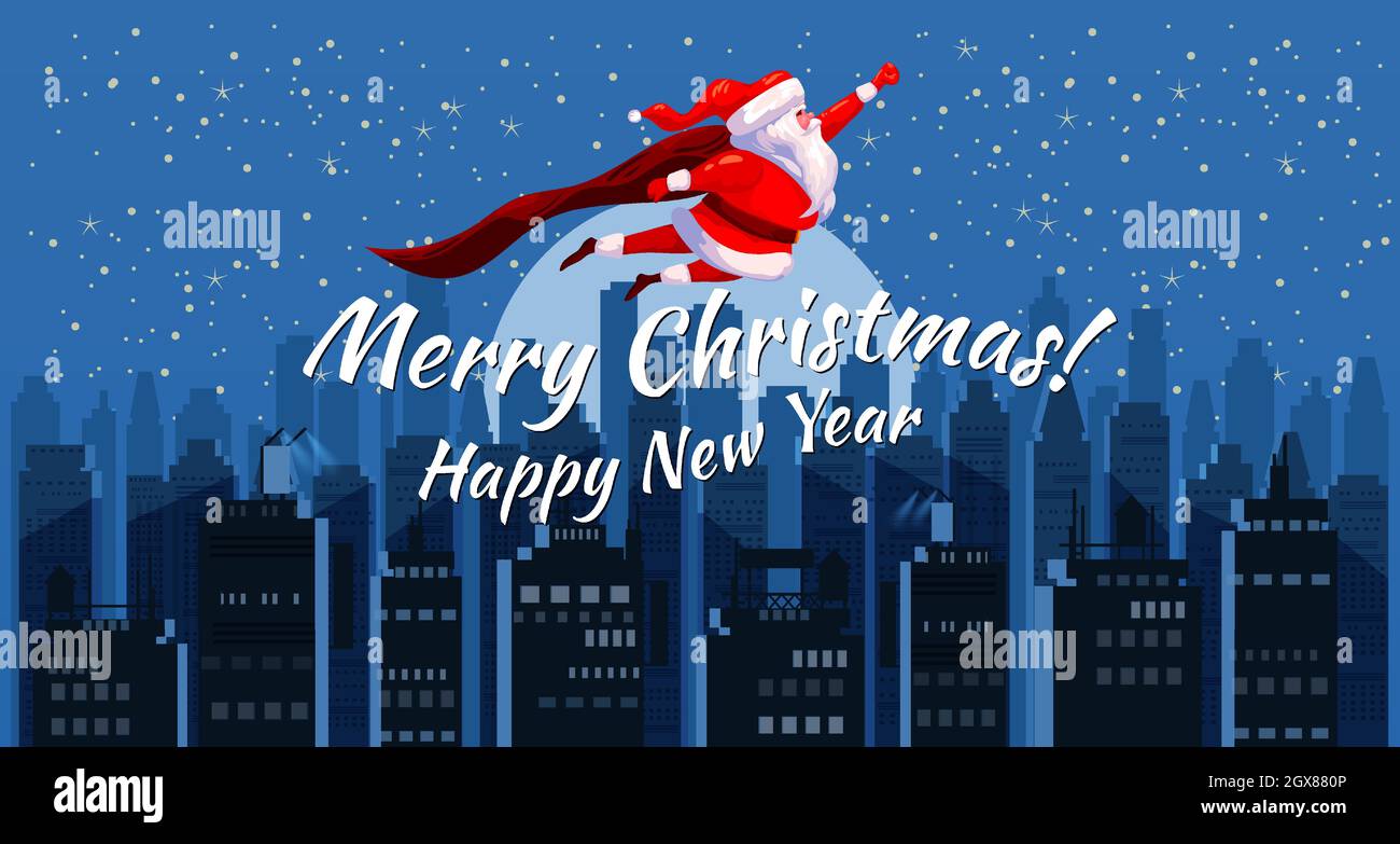 Santa Claus funny as Superhero wearing cape flying over the night ...