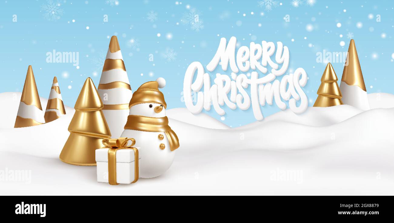 Merry Christmas background with snow drifts landscape, snowman, gift ...