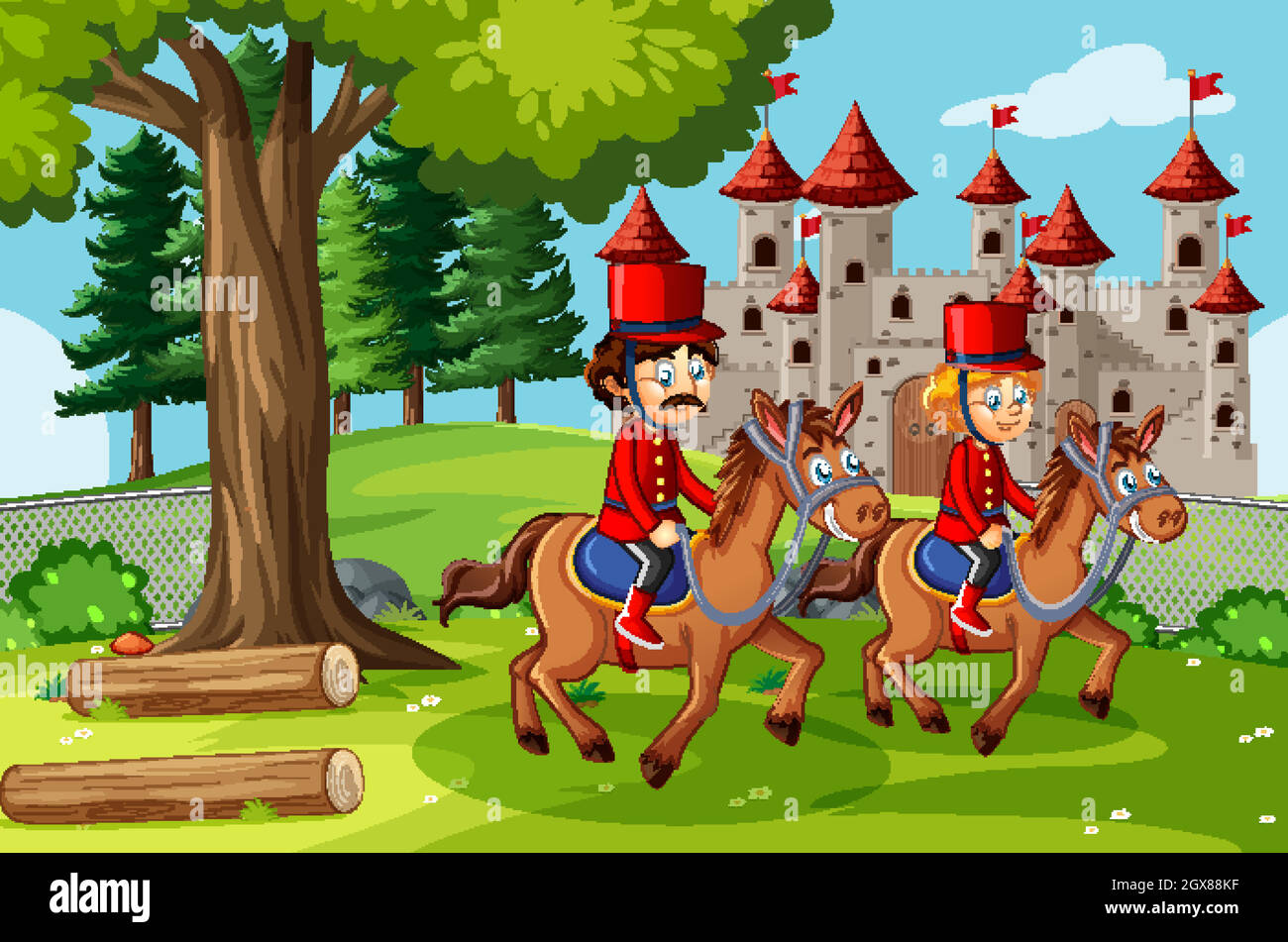 Fairytale scene with castle and soldier royal guard scene Stock Vector ...