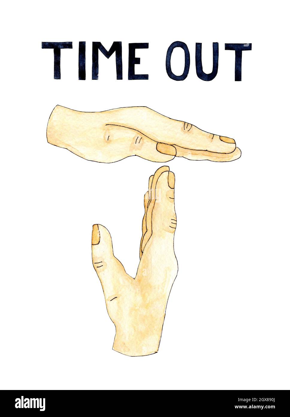 Watercolor illustration of hand making gesture and dark blue text TIME ...