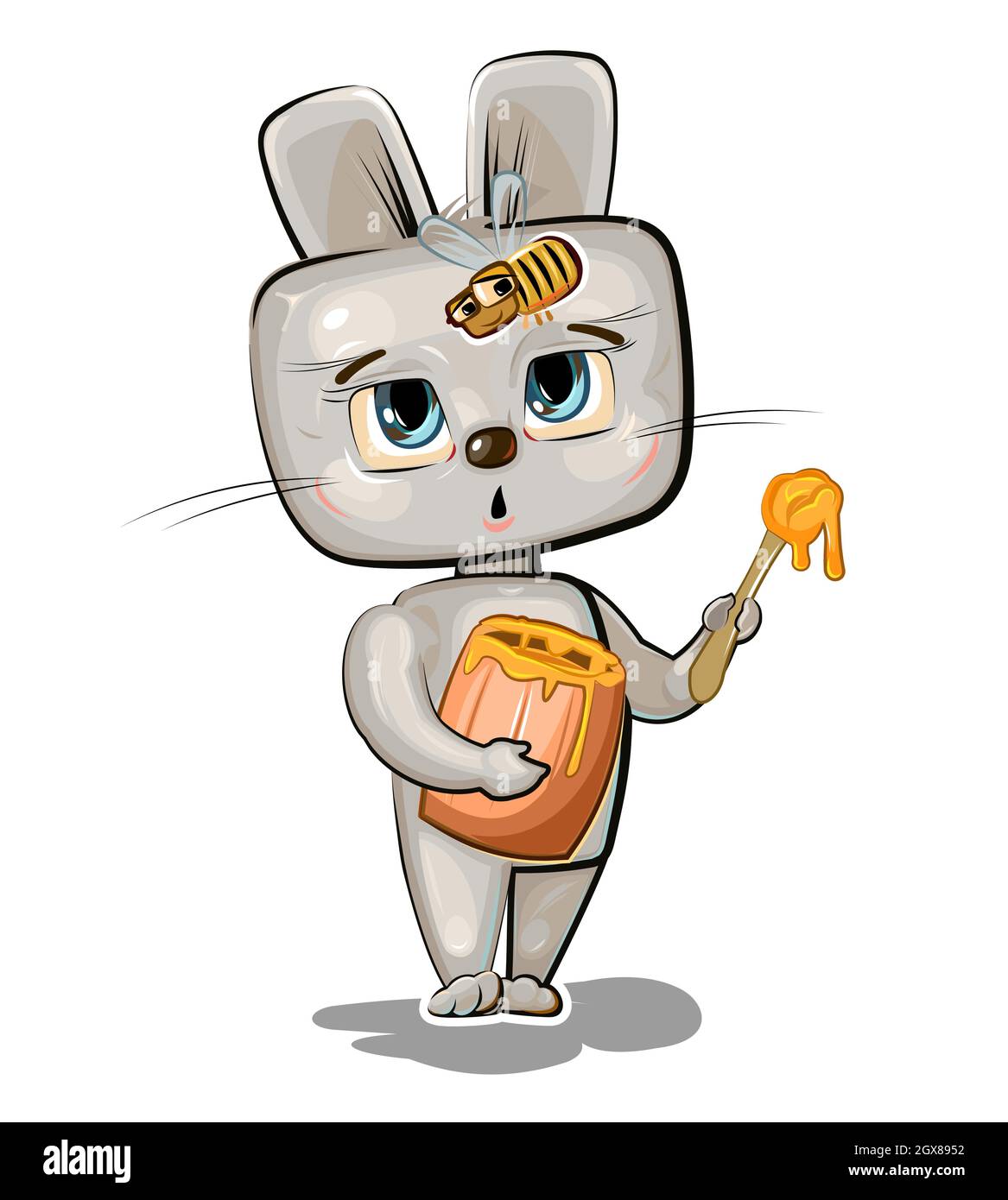 Cartoon Hare with a sweet tooth eating honey from a little wooden ...