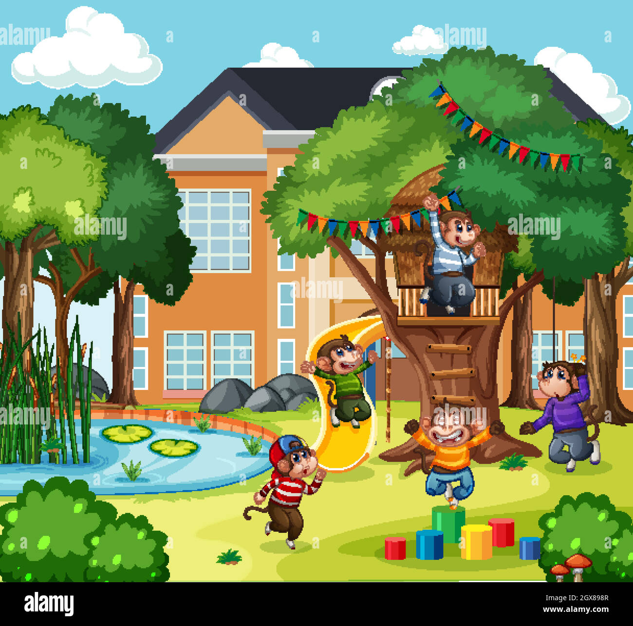 Five little monkeys jumping in the park playground scene Stock Vector ...