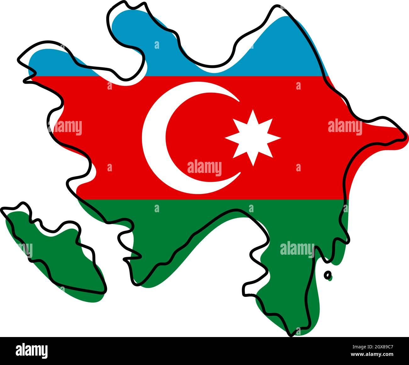 Stylized outline map of Azerbaijan with national flag icon. Flag color map of Azerbaijan vector ...