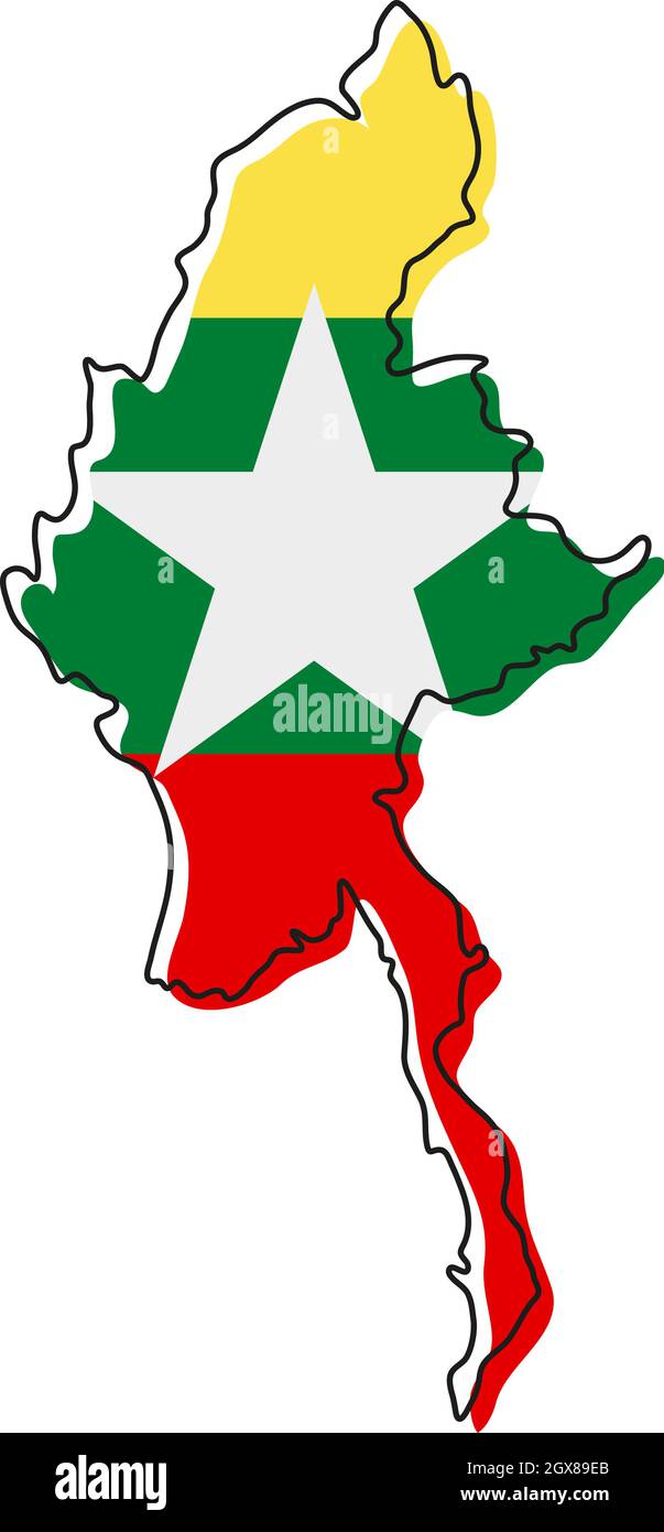 Stylized outline map of Burma with national flag icon. Flag color map ...