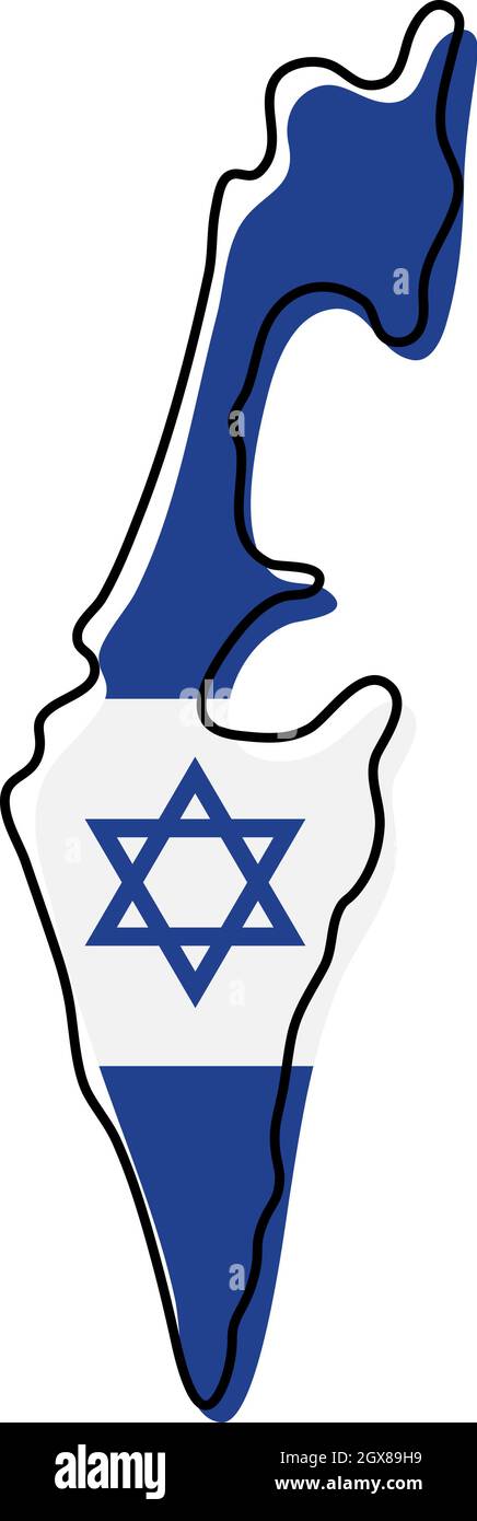 Stylized outline map of Israel with national flag icon. Flag color map ...