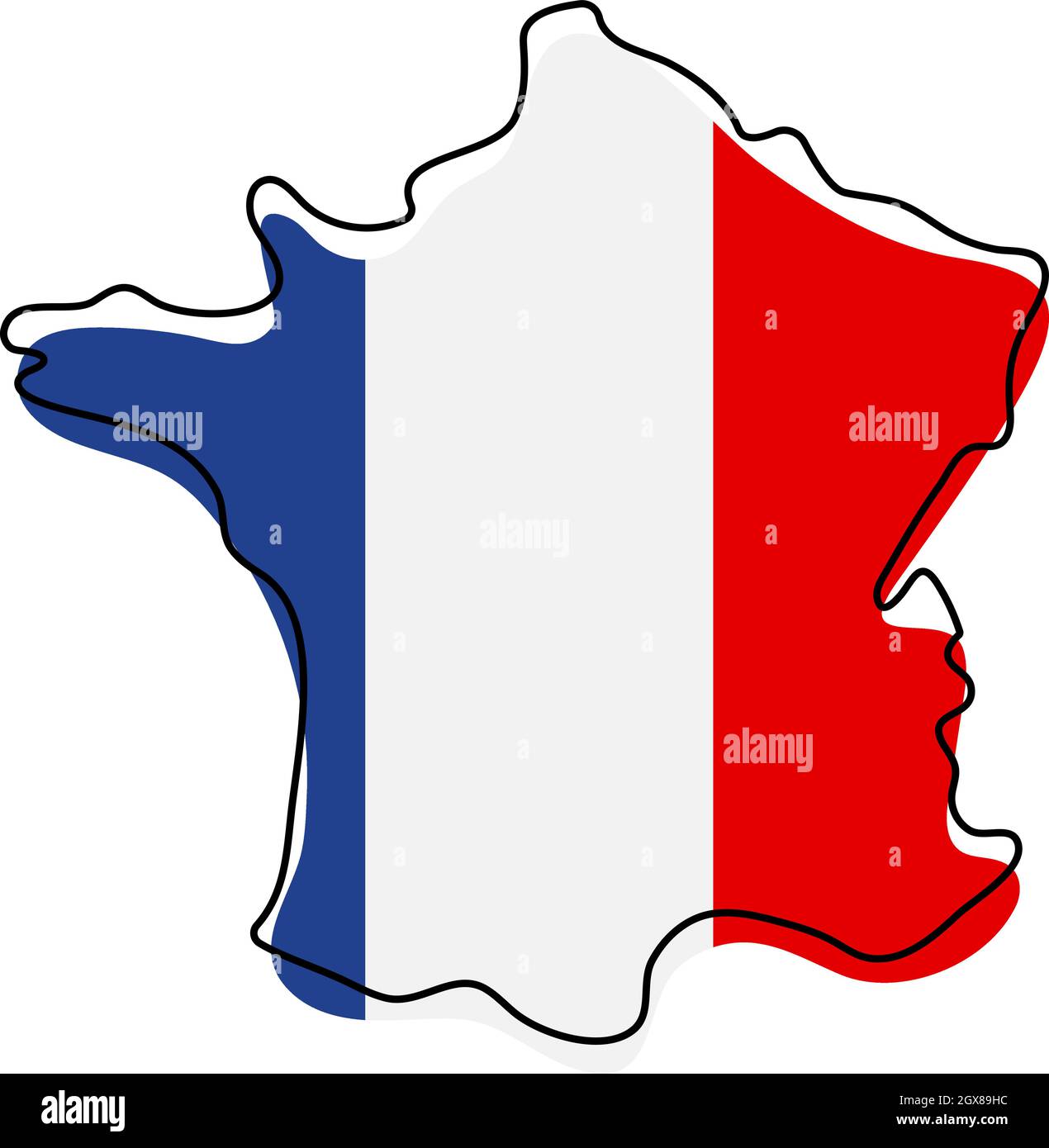 Stylized outline map of France with national flag icon. Flag color map ...