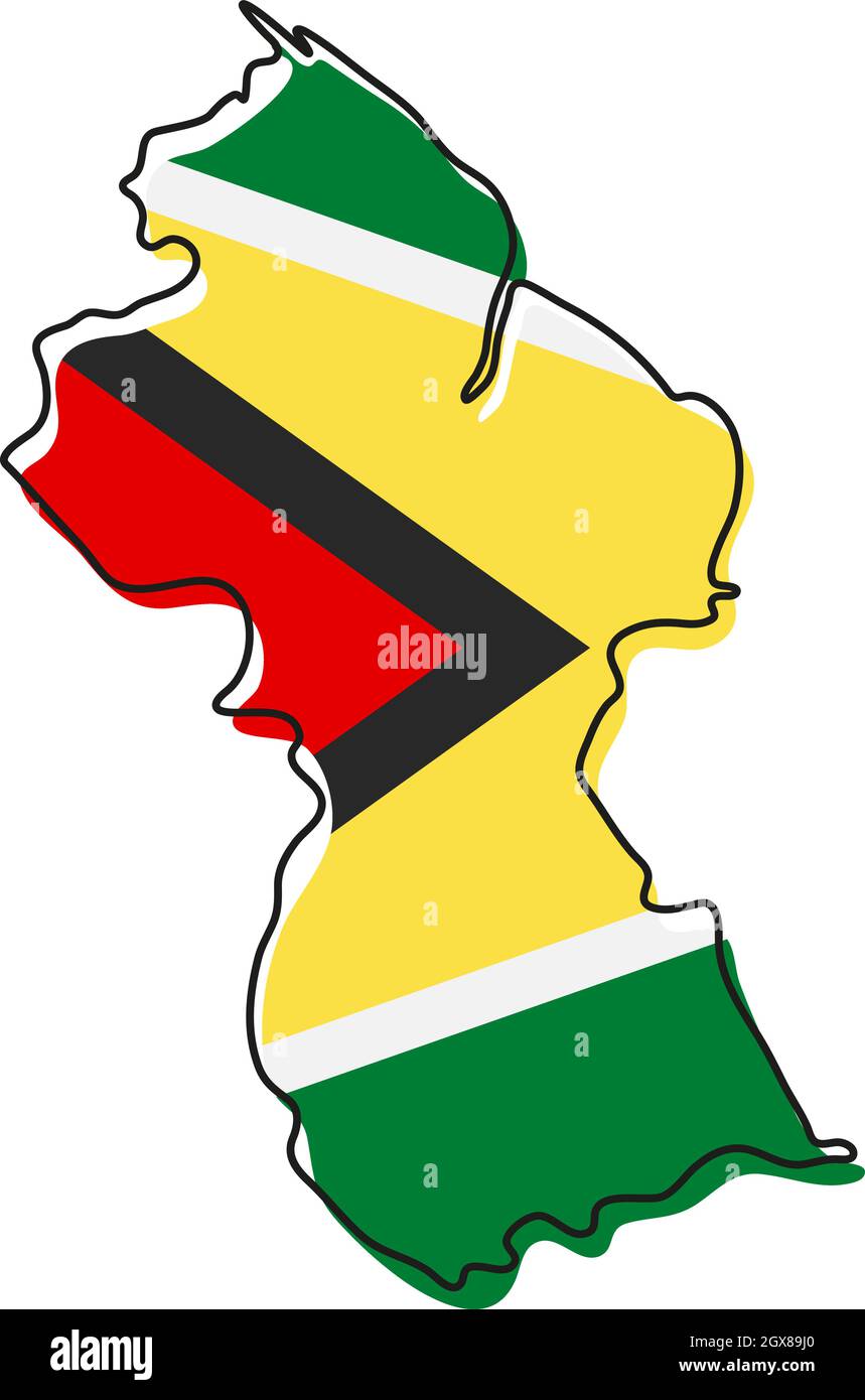 Stylized outline map of Guyana with national flag icon. Flag color map of Guyana vector ...