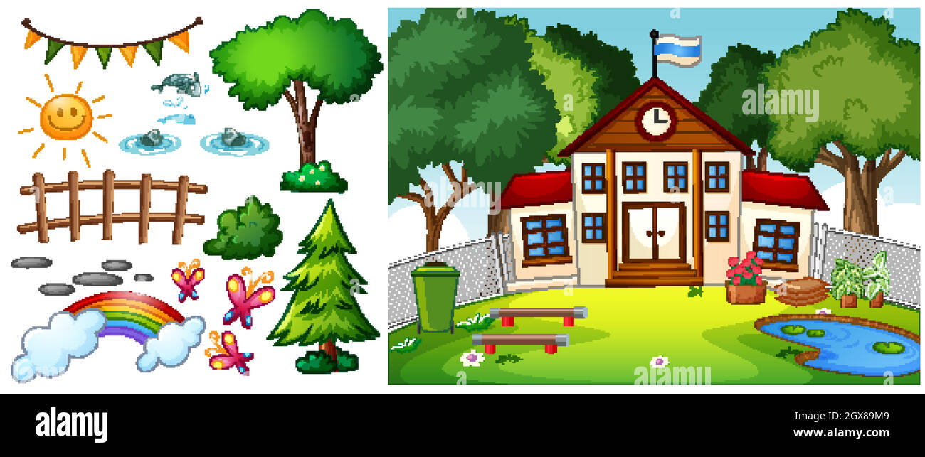 School scene with isolated cartoon character and objects Stock Vector ...
